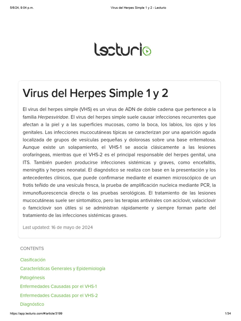 Virus Del Herpes Simple 1 y 2 - Lecturio | PDF
