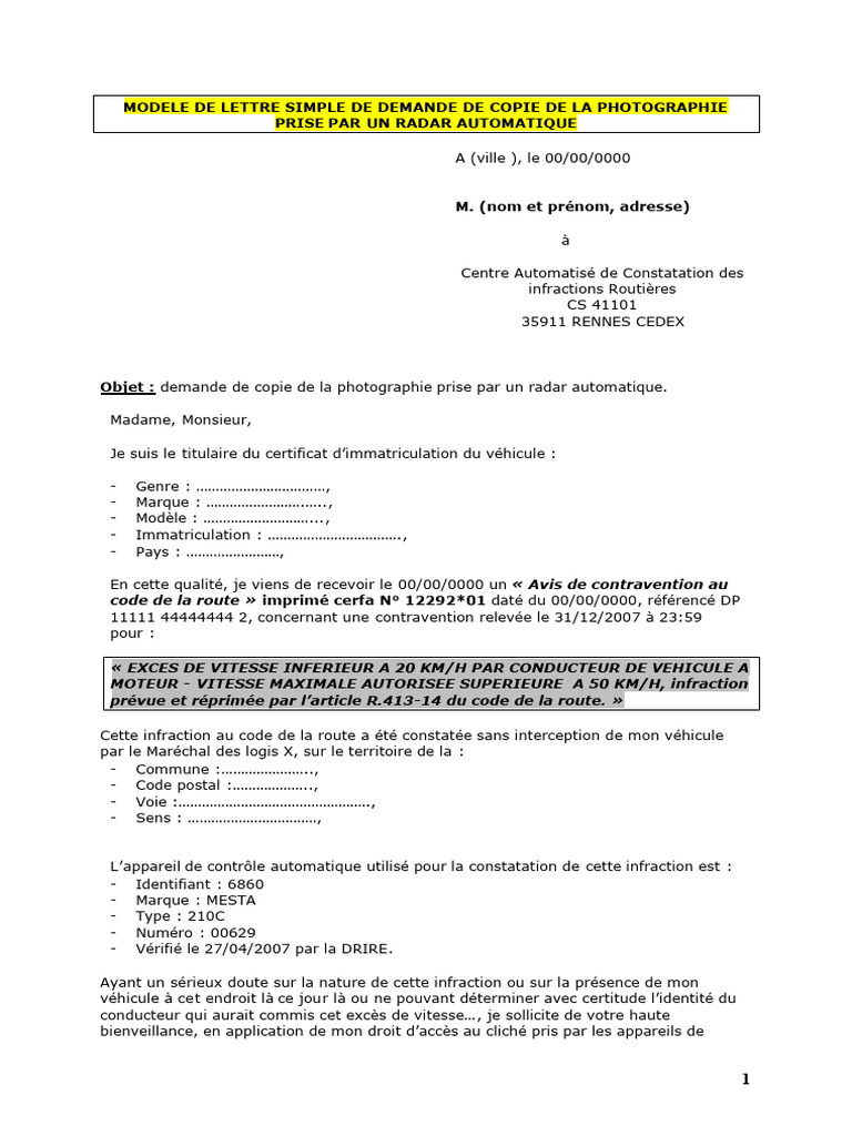 Modele Commente de Lettre de Demande de Copie de La Photographie D Un Vehicule Prise Par Un ...