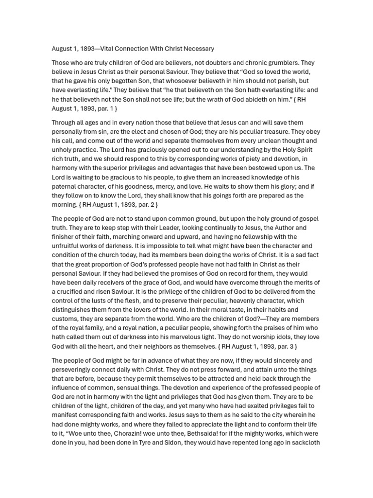 August 1, 1893-Vital Connection With Christ Necessary | PDF