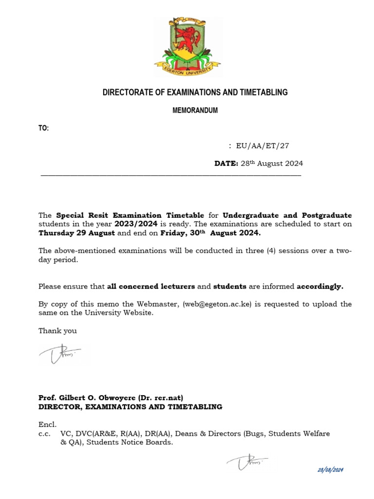 Special Resit Exam Timetable For August 2024 | PDF