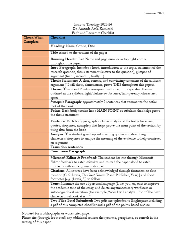Faith and Lit 23-24 Checklist | PDF