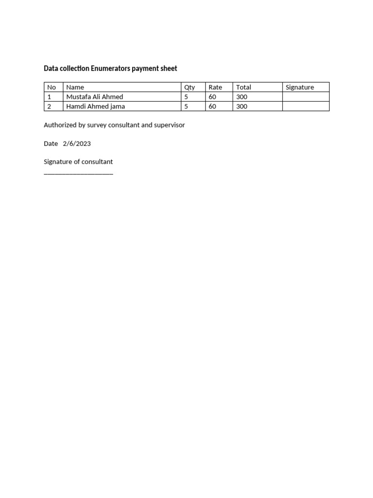 Data Collection Enumerators Payment Sheet | PDF Data Collection Enumerators Payment Sheet | PDF