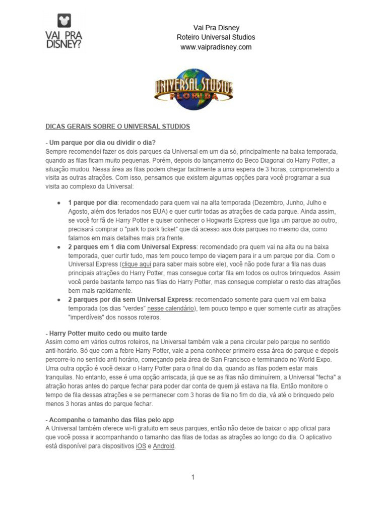 Roteiro Universal Studios PDF | PDF