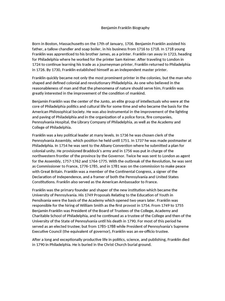 Benjamin Franklin Biography | PDF