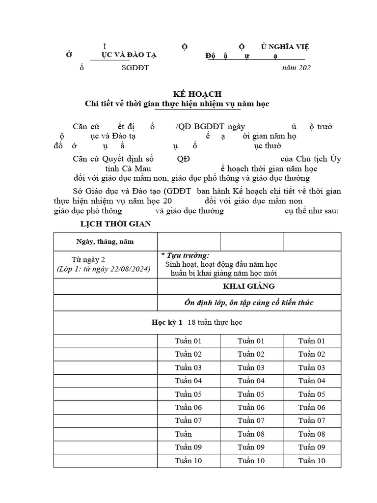 KH 2628 - SGD HD Ke Hoach Chi Tiet Thoi Gian Nam Hoc 24-25 | PDF
