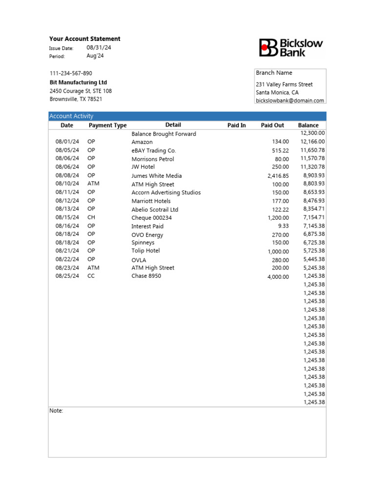 Bank Statement Template 2 | PDF | Corporate Jargon | Banking