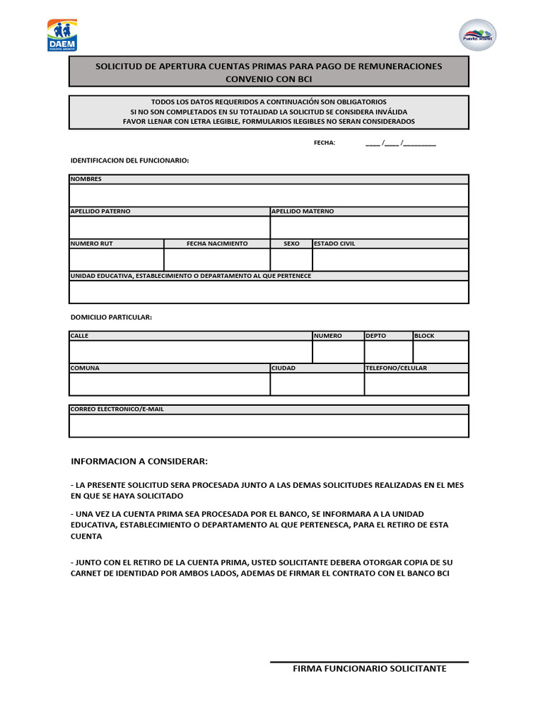 Formulario Cuentas Primas Bci | PDF