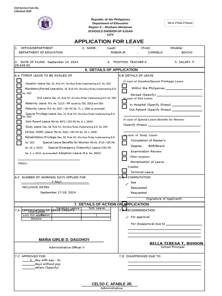 Application-Of-Leave-Form-6 Rabor | PDF