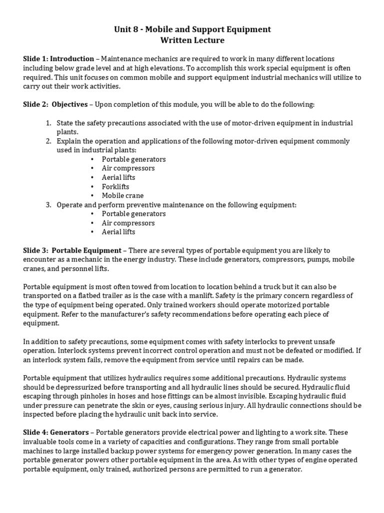 Mobile and Support Equipment Lecture Notes | PDF