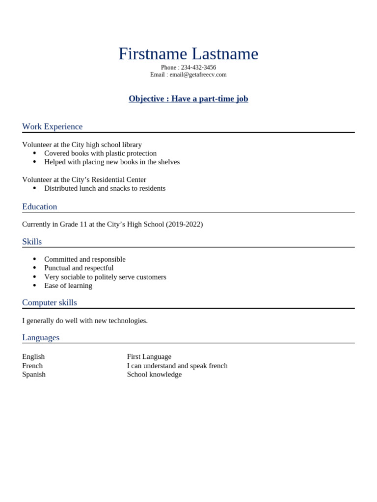 Fresher CV Resume Template High School Grade | PDF