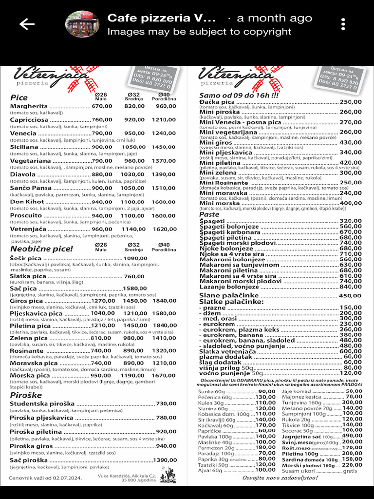 vetrenjaca jagodina menu - Google Search | PDF