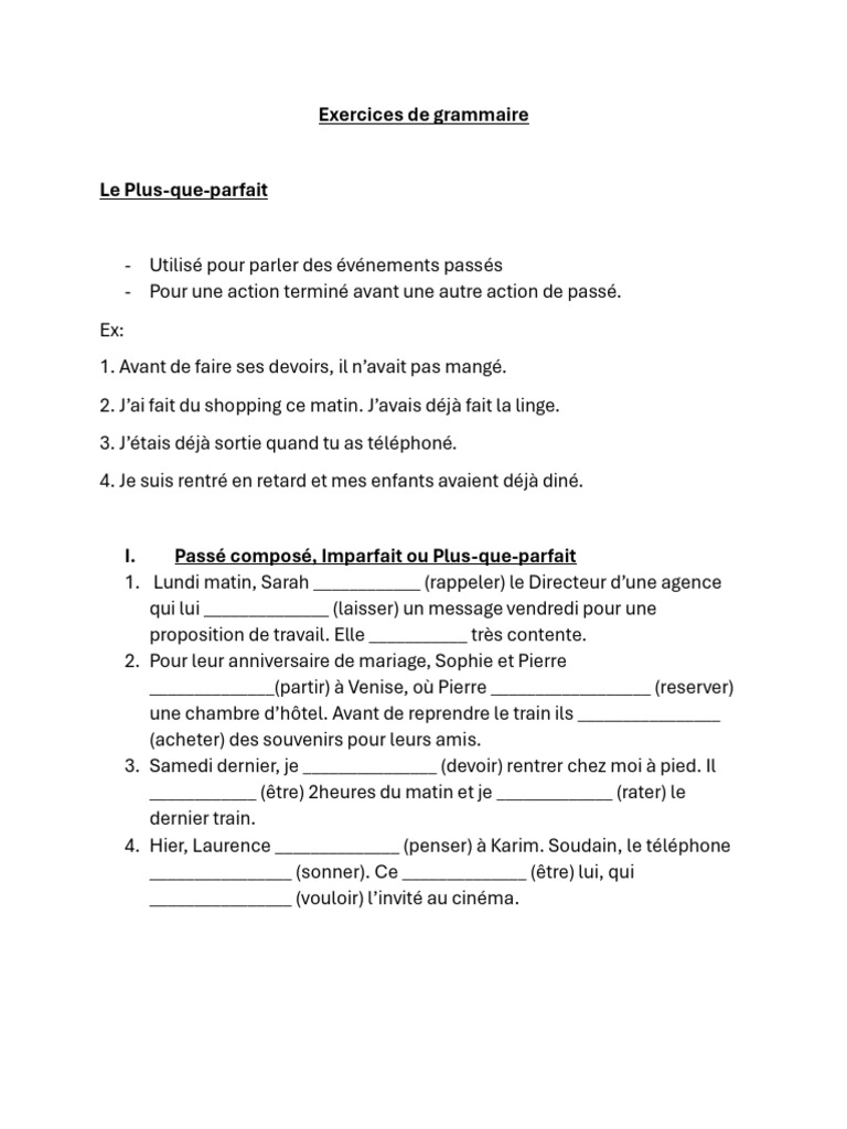 Exercices sur le Plus-que-parfait | PDF | Arts du langage et discipline