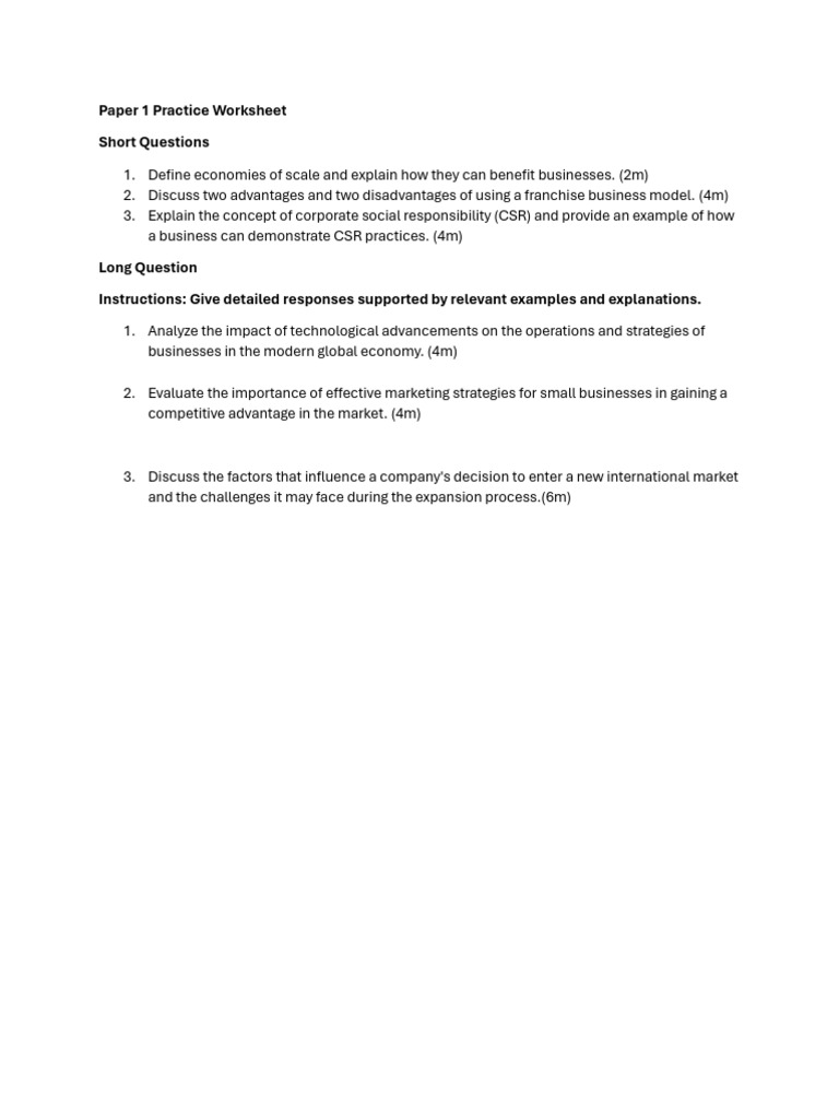 Ib Business Worksheet P12 | PDF