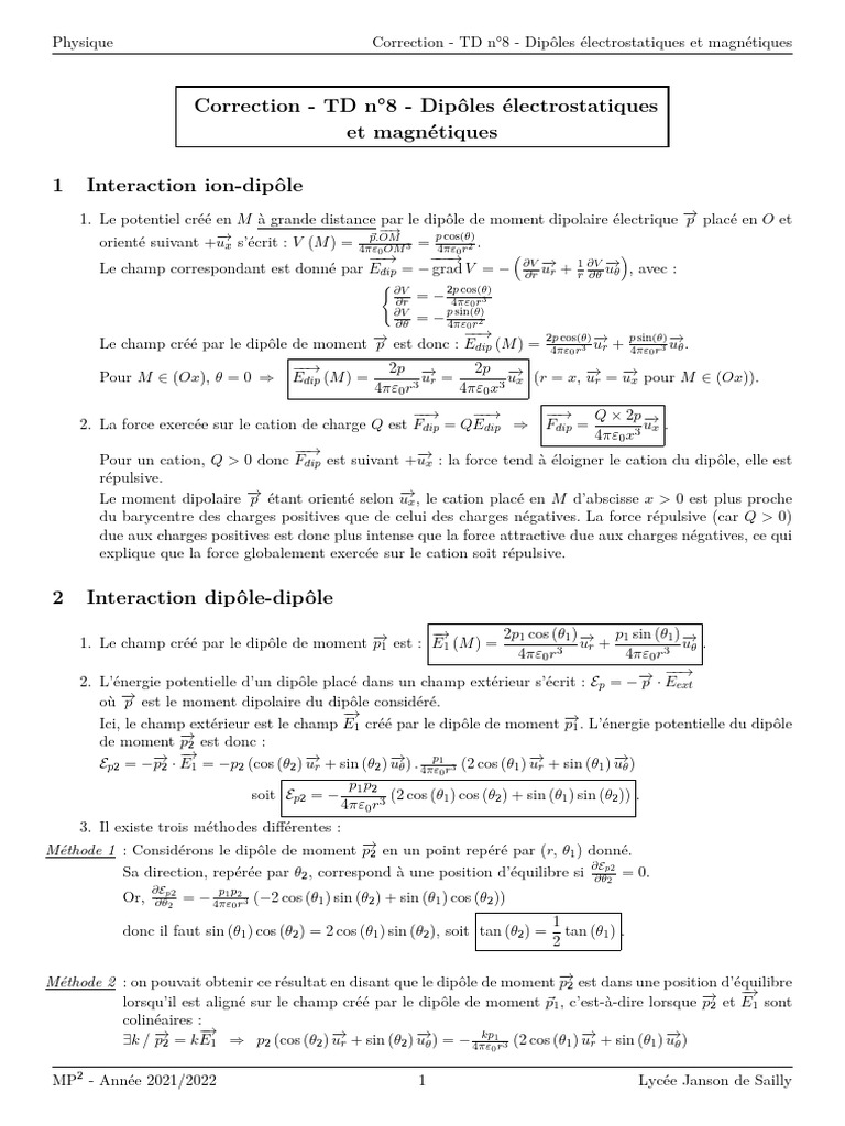 TD 8 DipolesElectrostatEtMagnetique Correction | PDF