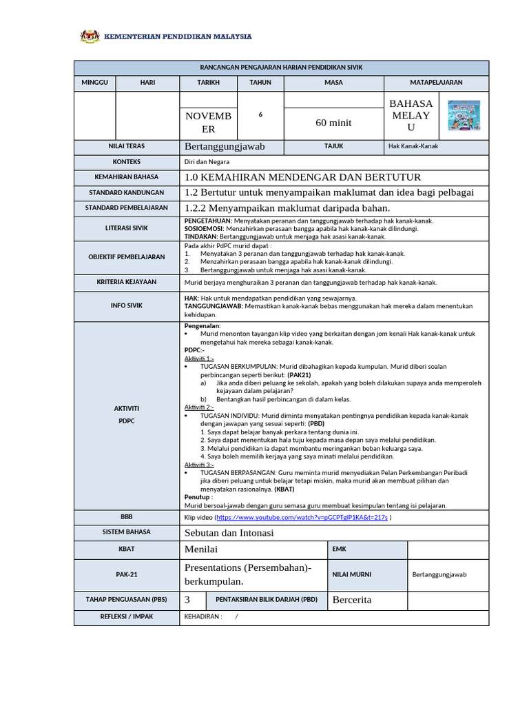 RPH BM THN 6 V2 PSVK 8 (Nov #Bertanggungjawab) | PDF