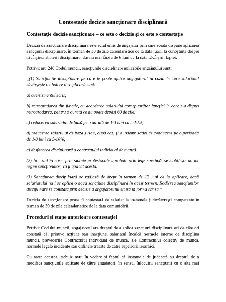 articol contestatie decizie sanctionare disciplinara 2024 | PDF