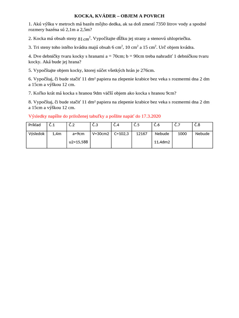 KOCKA - KVÁDER (Objemy A Povrchy) | PDF