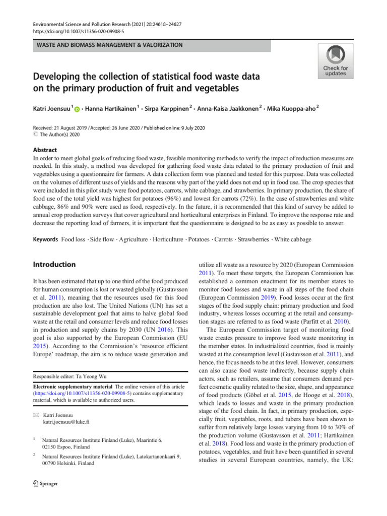 JOENSUU Et Al (2021) - Developing The Collection of Statistical Food Waste Data On The Primary ...