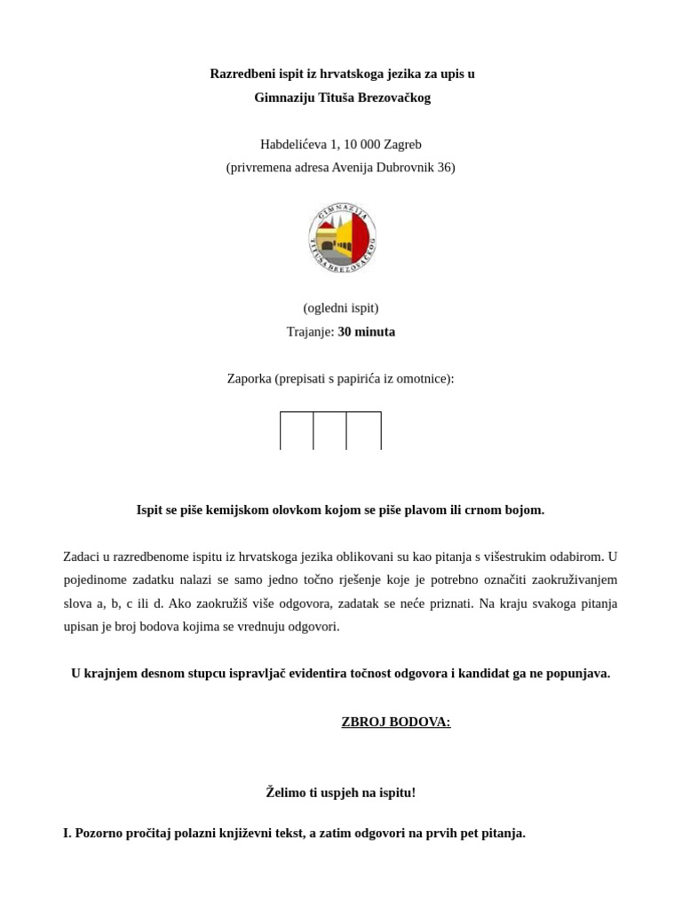 Prijemni 2023 GTB Prva Ogledni 30 5 Verzija Za Objavu GTB | PDF