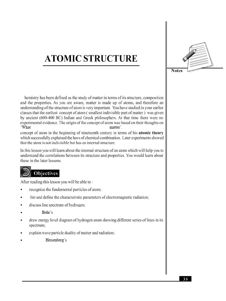 ATOMIC STRUCTURE NOTES LECTURE ONE | PDF