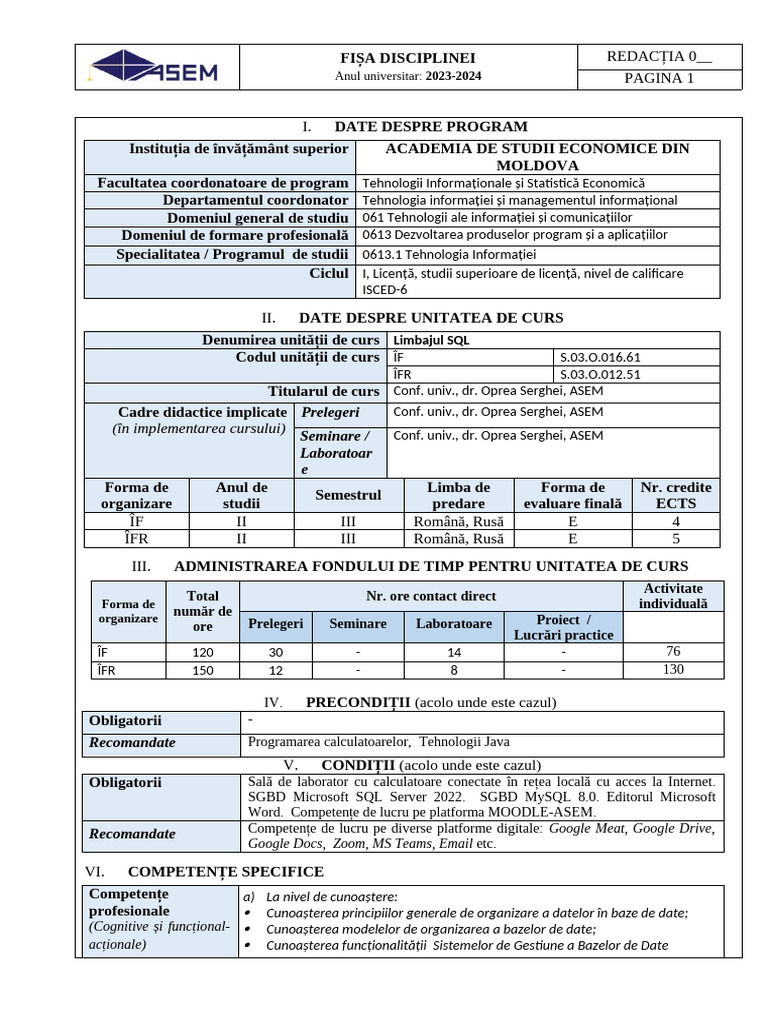 Fisa Disciplinei | PDF