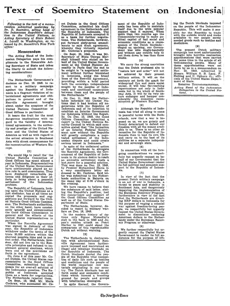 NYT 21 Dec 1948 - Text of Soemitro Statement On Indonesia | PDF
