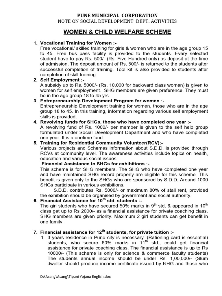Mahila Bal Kalyan Yojana Tipani English | PDF