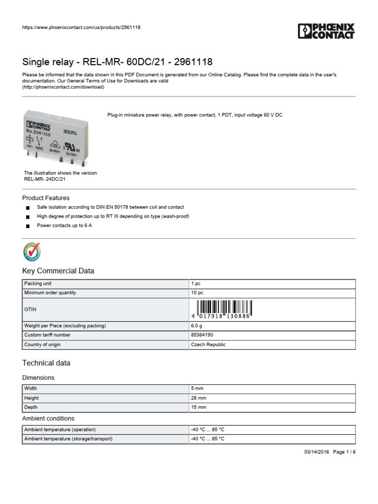 Single Relay - REL-MR-60DC/21 - 2961118: Product Features | PDF