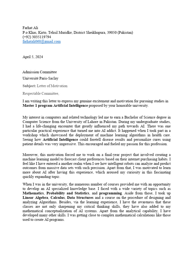 Farhat Ali Motivation Letter | PDF