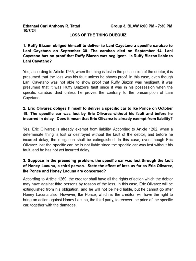 Quizzes Blaw - Loss of The Thing Due - Confusion or Merger of The ...