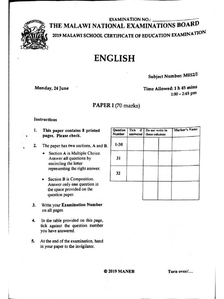 2019 Eng PP1 Maneb-1-1 | PDF