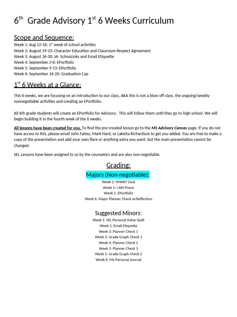 6th Grade Advisory 1st 6 Weeks Curriculum | PDF