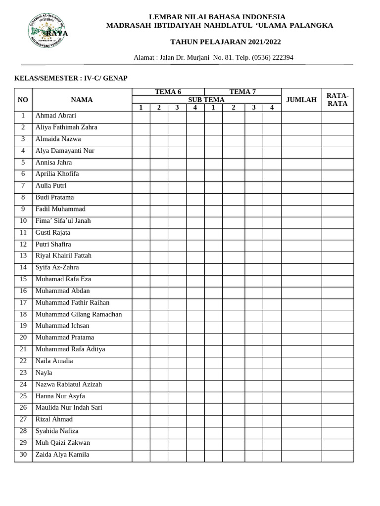 FORMAT LEMBAR NILAI BAHASA INDONESIA | PDF