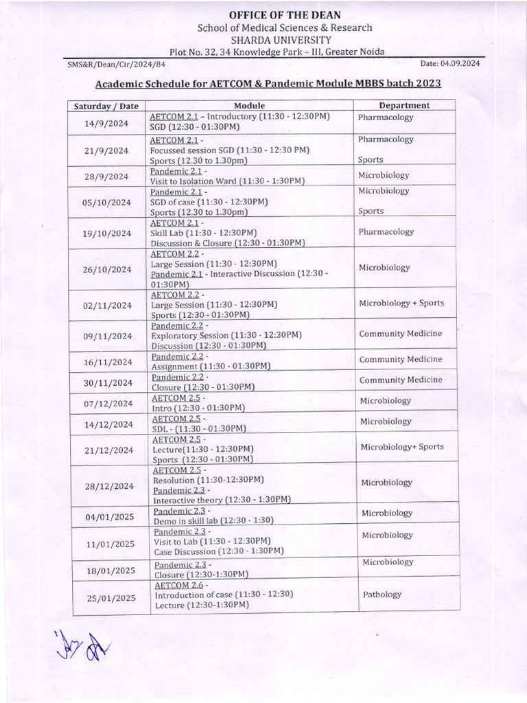 Academic Schedule For AETCOM & Pandemic Module MBBS Batch - 2023 | PDF ...