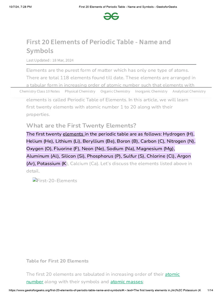 First 20 Elements of Periodic Table - Name and Symbols - GeeksforGeeks | PDF