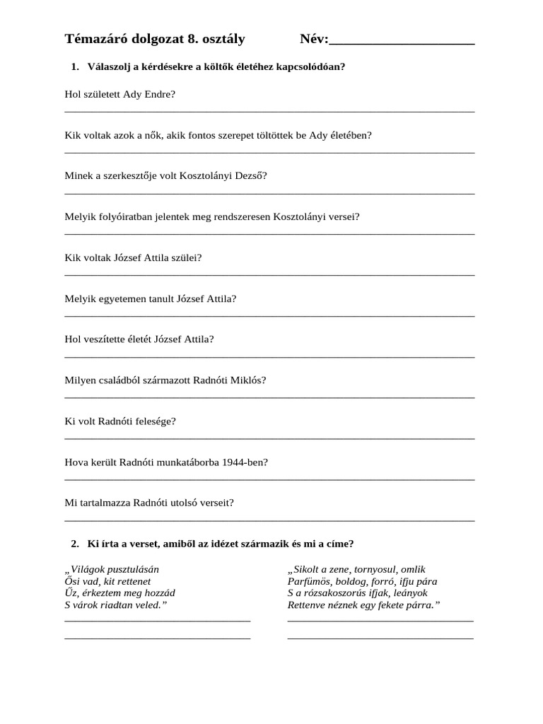 Irod Témazáró 8. Oszt. 20. SZ Első Fele | PDF