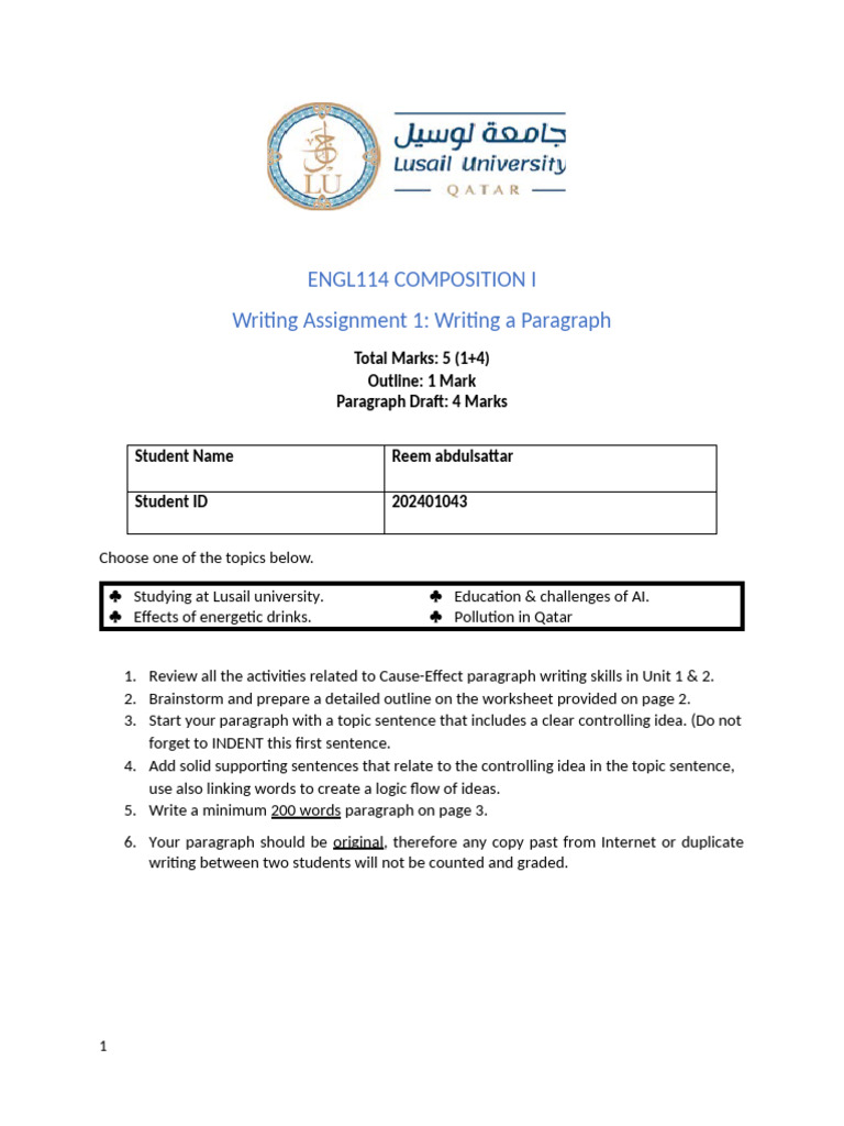 COMPOSITION I_Assignment 1_paragraph Writing | PDF