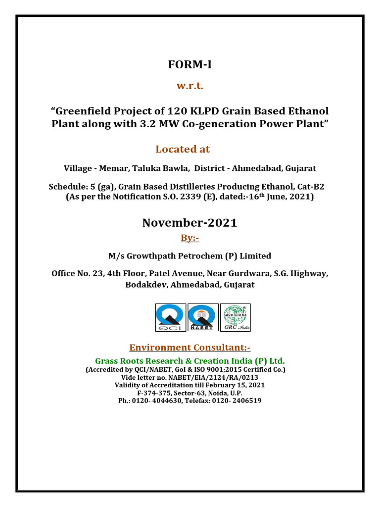 120 KLPD Ethanol & 3.2 MW Power Plant Project | PDF | Waste | Water
