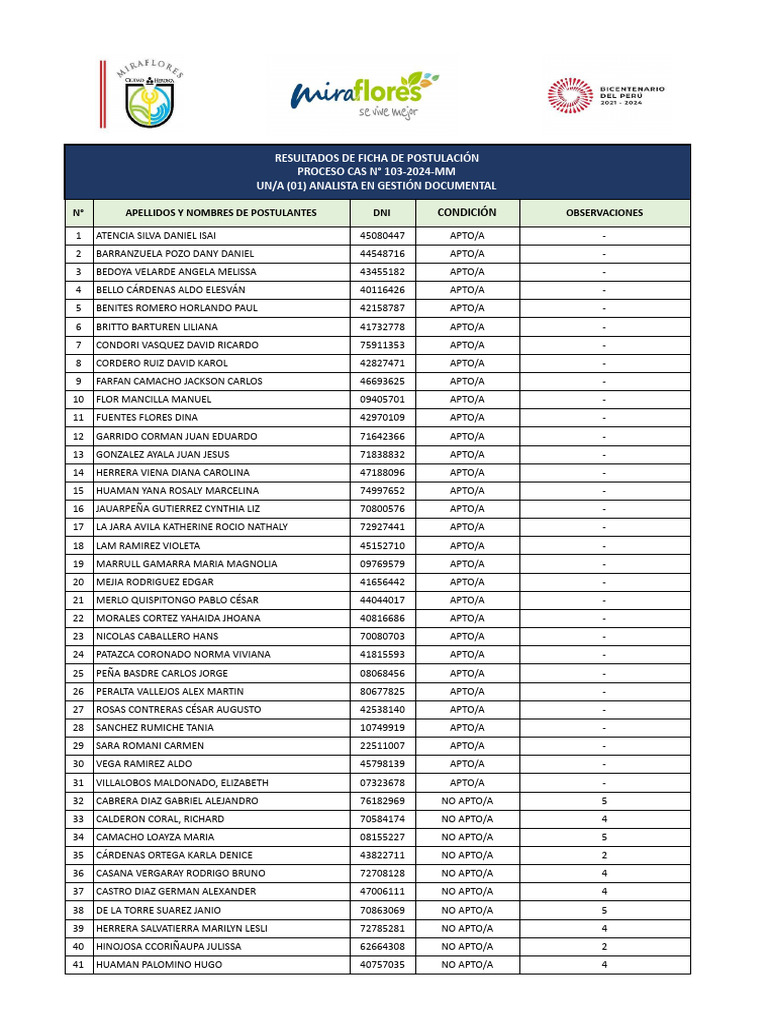 CAS 103 RESULTADOS DE FICHA DE POSTULACION - XLSX POSTULACION CAS | PDF