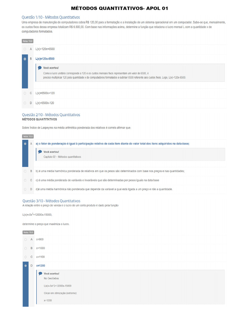 MÉTODOS QUANTITATIVOS- APOL 01 E 02 | PDF
