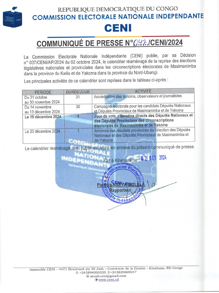CENI RDC - Communiqué de Presse - Calendrier Réaménagé Reprise ...