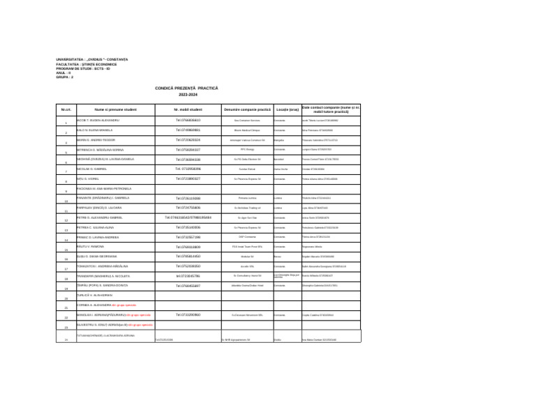 Condica Prezenta Practica ECTS ID II-2023-2024 - Grupa 2 - 1 | PDF