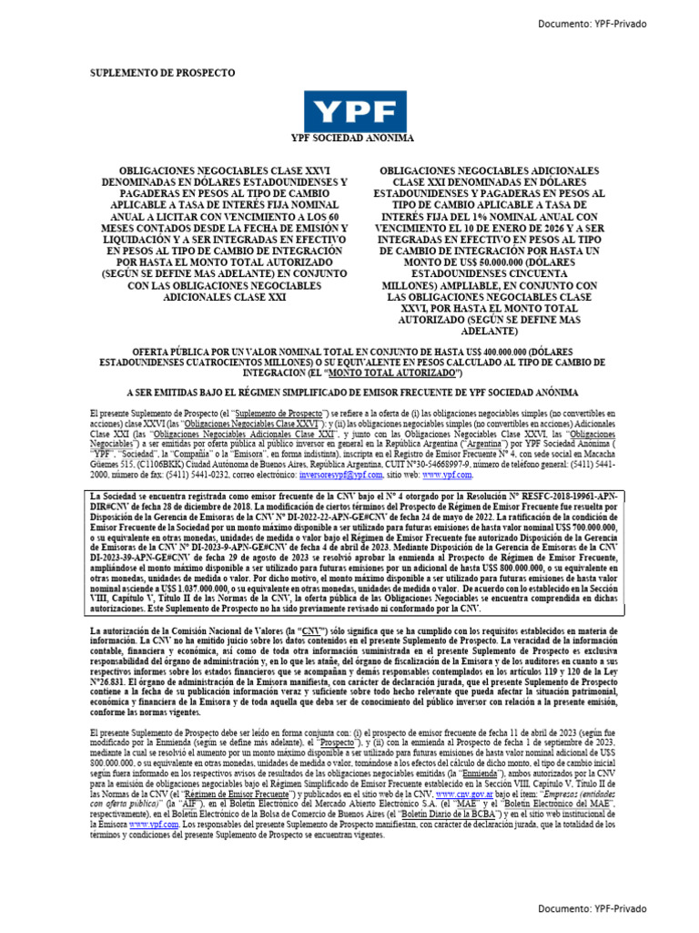Mpmae-Anu-On Ypf Clases 21 Ad-26-Suplemento de Prospecto 04-09-23 | PDF