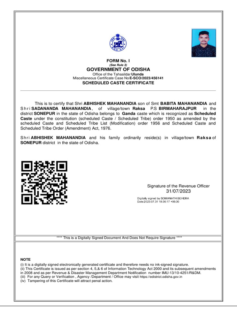 Schedule Caste Certificate. | PDF