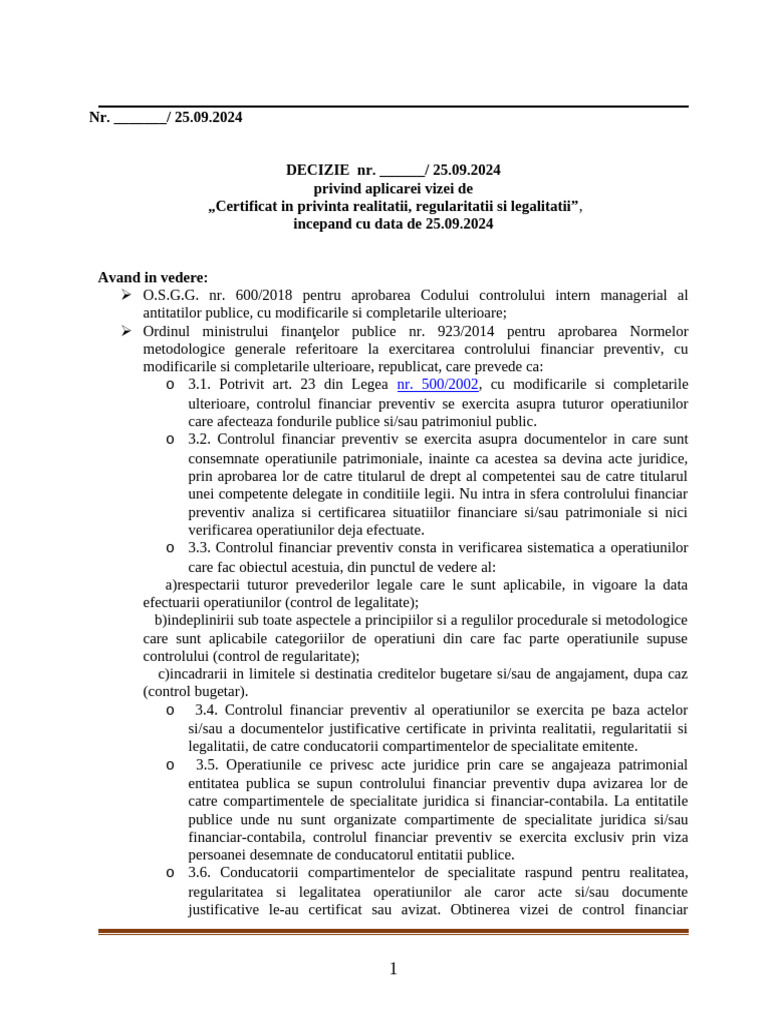 MODEL DECIZIE CERTIFICARE REALITATE REGULARITATE SI LEGALITATE Sept ...