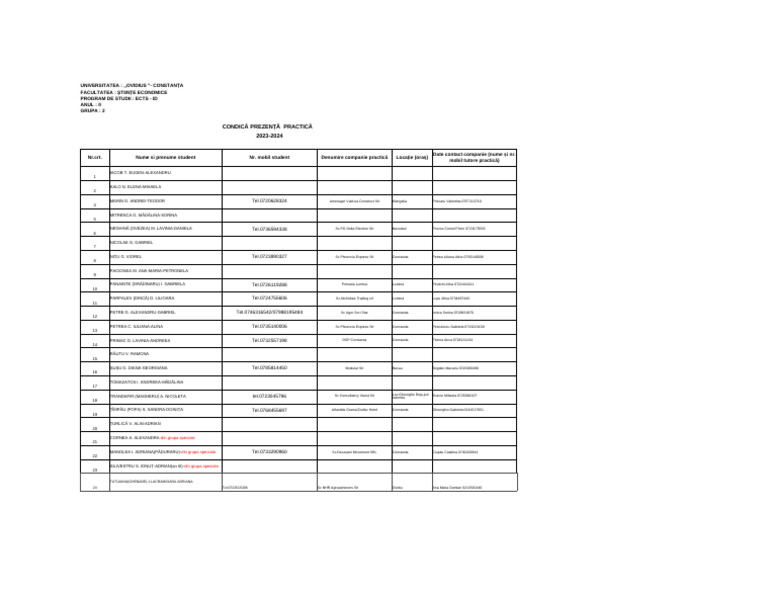Condica Prezenta Practica ECTS ID II-2023-2024 - Grupa 2 | PDF