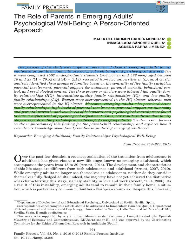 DEL CARMEN GARCÍA MENDOZA Et Al - Role of Parents + PWB - Vynárajúca Sa Dospelosť | PDF