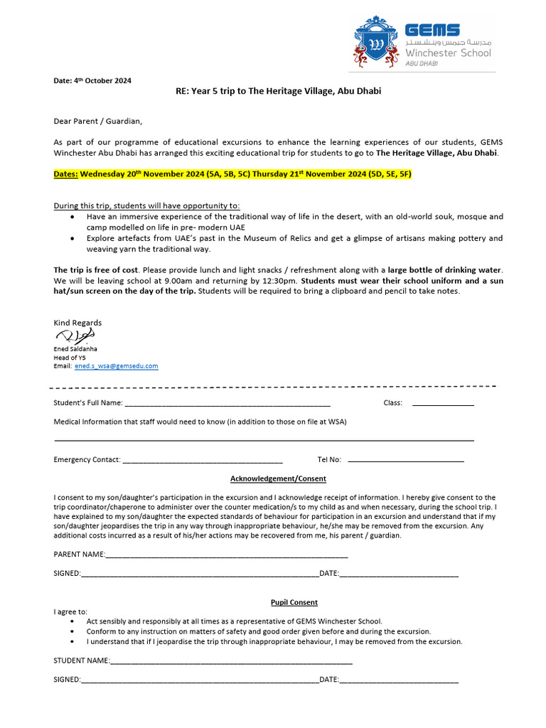 Final Heritage Village Consent Form Year 5 2024-25 | PDF