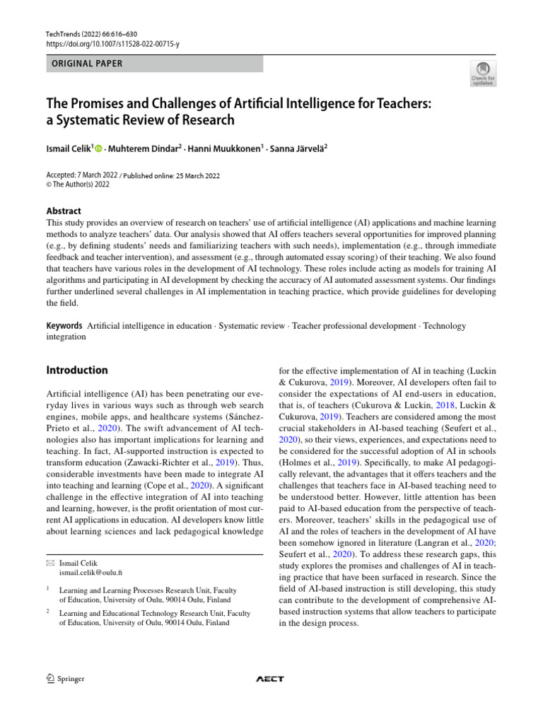 The Promises and Challenges of Artificial Intelligence For Teachers: A ...