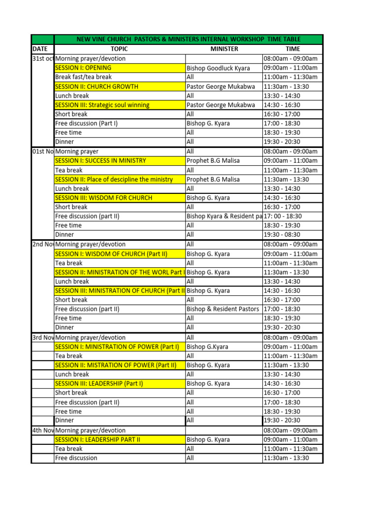Pastor Conference Time Table Coloured | PDF